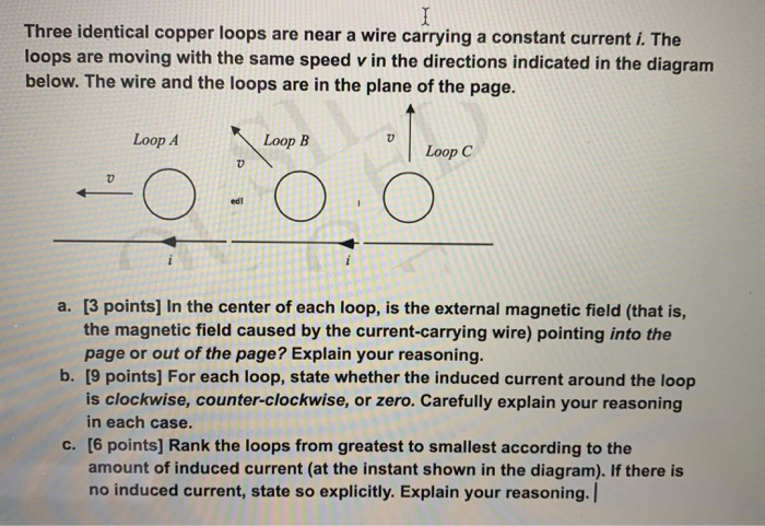 Solved Three identical copper loops are near a wire carrying | Chegg.com