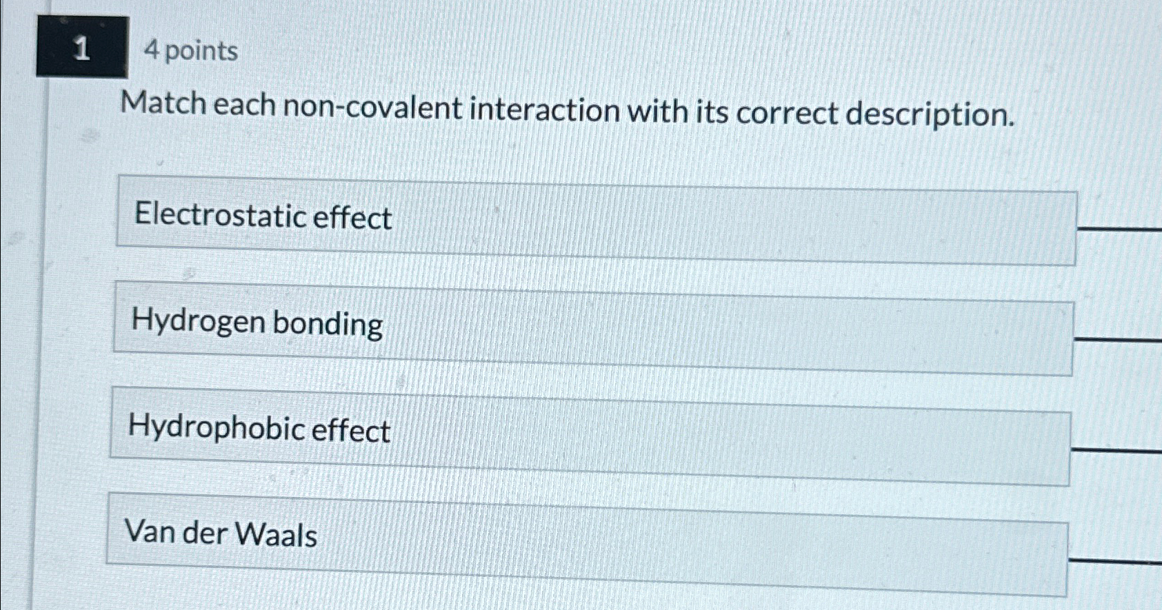 Solved 14 ﻿pointsMatch each non-covalent interaction with | Chegg.com