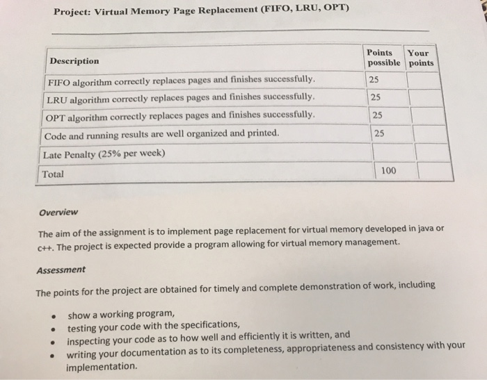 Solved Project: Virtual Memory Page Replacement (FIFO, LRU, | Chegg.com