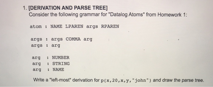 Solved 1. [DERIVATION AND PARSE TREE] Consider the following | Chegg.com