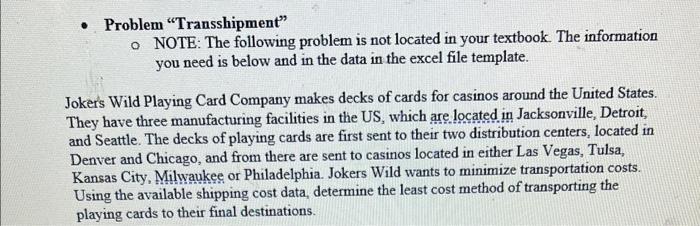 Solved - Problem "Transshipment" - NOTE: The following | Chegg.com