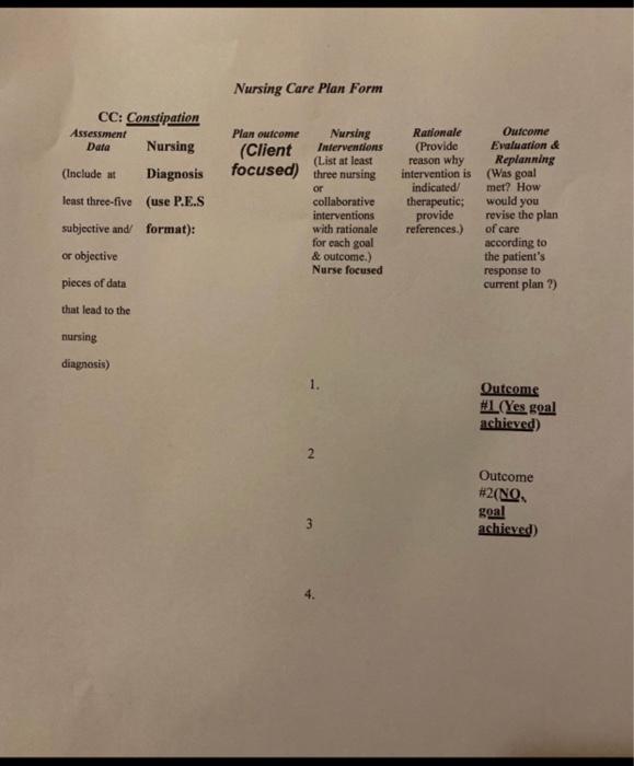 Solved Nursing Care Plan Form CC: Constipation Assessment | Chegg.com
