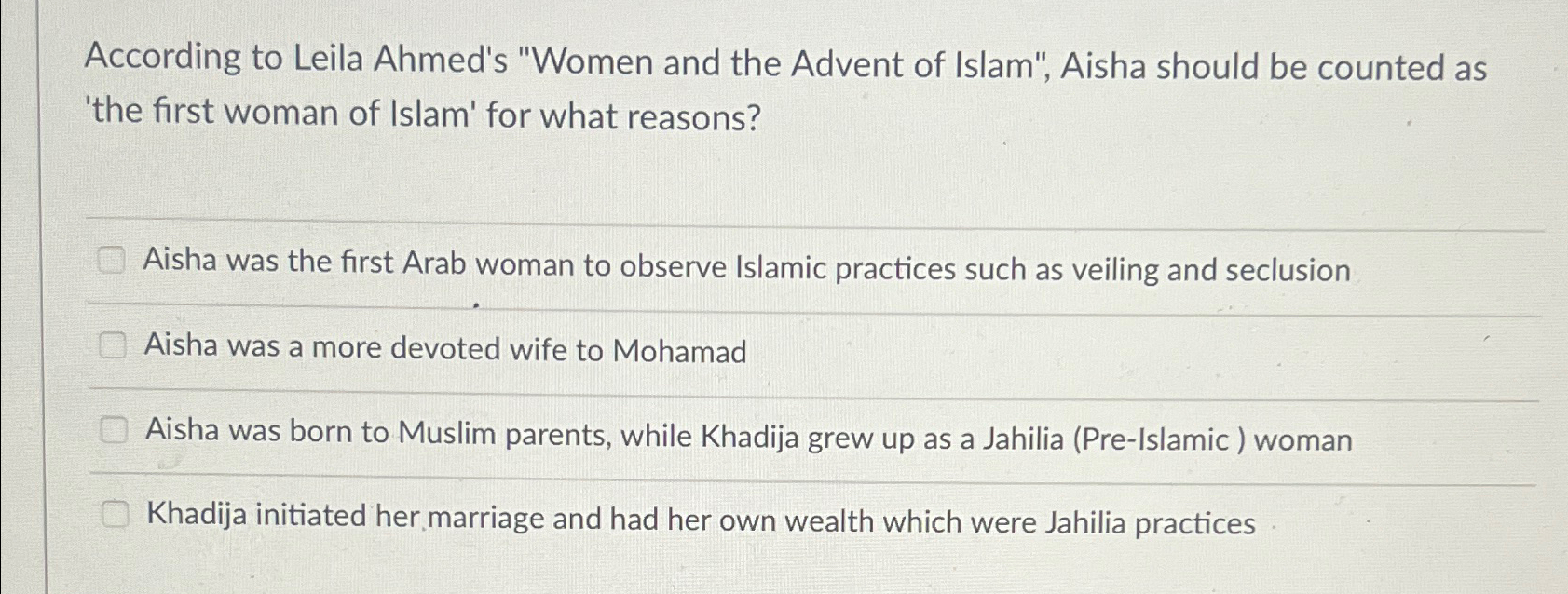 Solved According to Leila Ahmed's "Women and the Advent of | Chegg.com