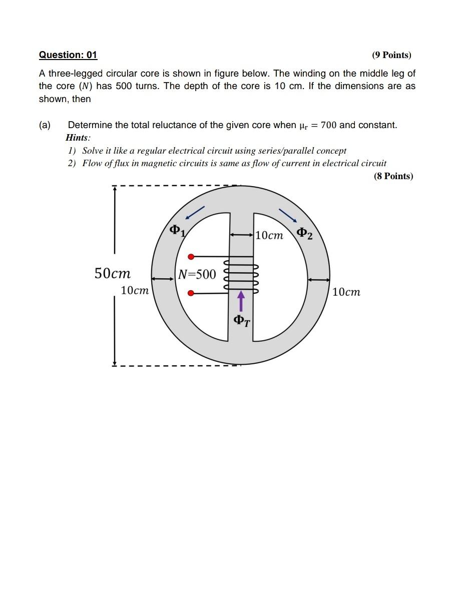 Solved Question: 01 (9 Points) A three-legged circular core | Chegg.com
