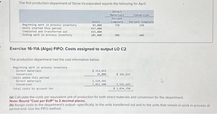 Solved The first production department of Stone Incorporated | Chegg.com