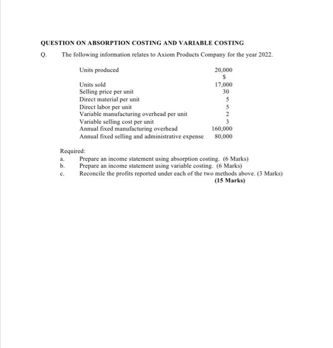 Solved QUESTION ON ABSORPTION COSTING AND VARIABLE COSTING | Chegg.com