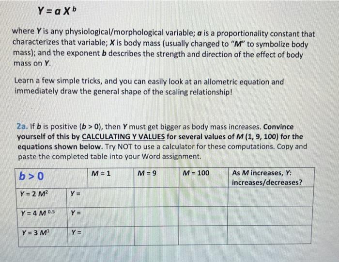 Solved Y=aXb where Y is any physiological/morphological | Chegg.com
