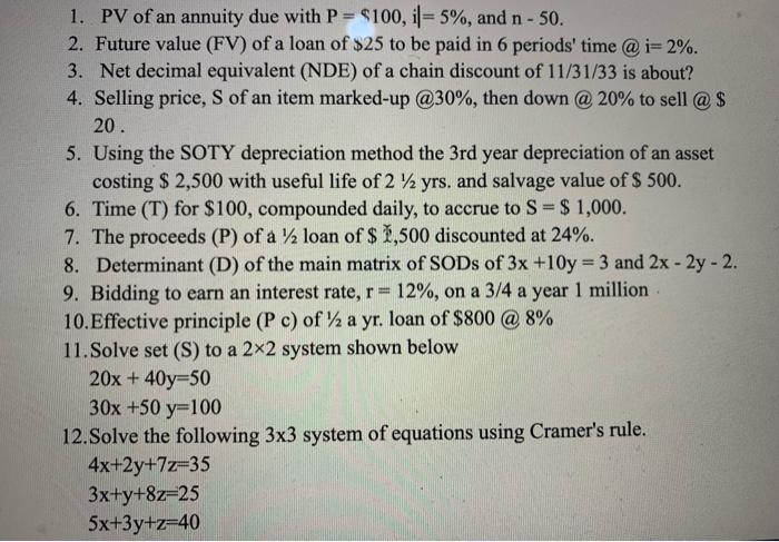 Solved 1. PV of an annuity due with P=$100,i∣=5%, and n−50. | Chegg.com