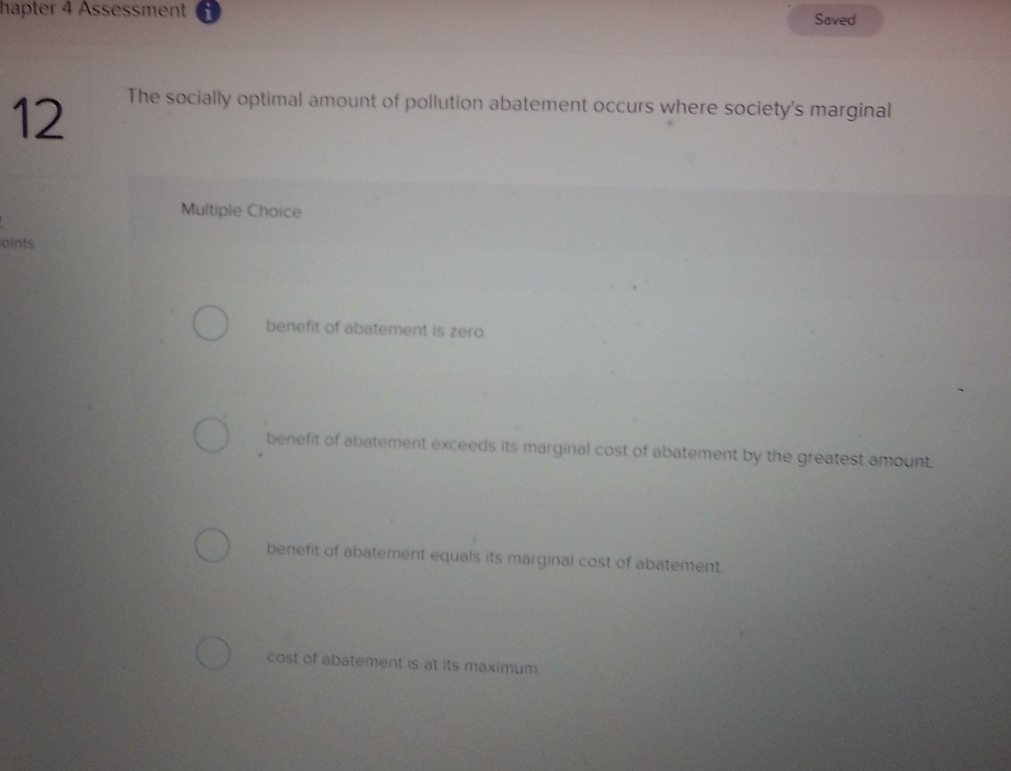 Solved hapter 4 ﻿Assessment12The socially optimal amount of | Chegg.com