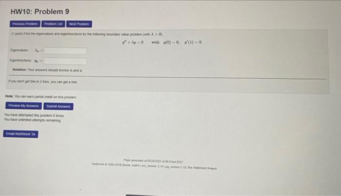 Solved HW10: Problem 9 Prever Last Next Problem (pt) Find | Chegg.com