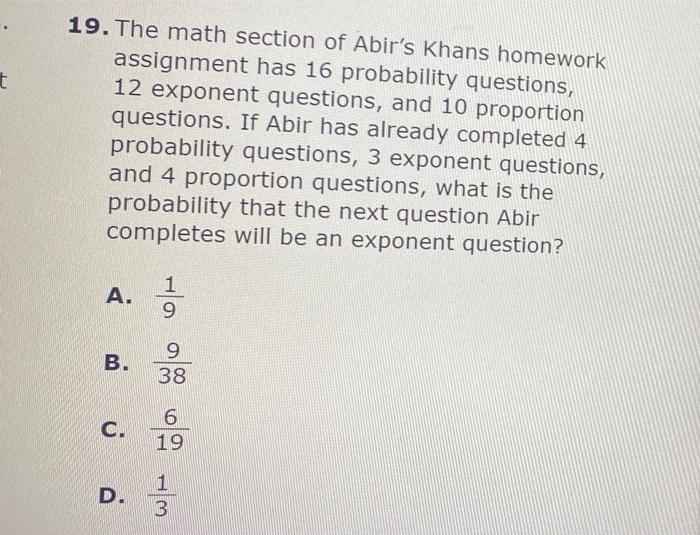 Solved t 19. The math section of Abir's Khans homework | Chegg.com