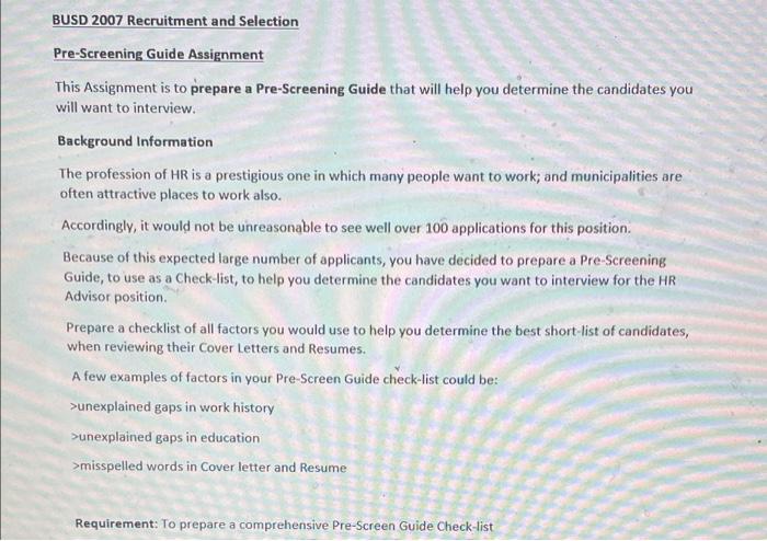 Solved Pre-Screening Guide Assignment Background Information | Chegg.com