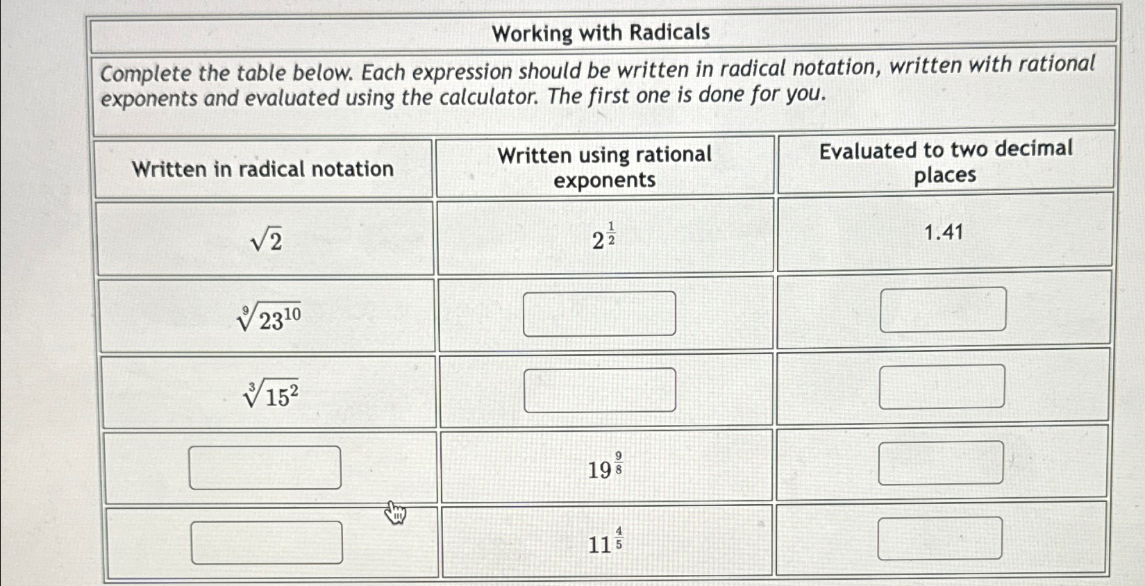 Solved Working with RadicalsComplete the table below. Each | Chegg.com