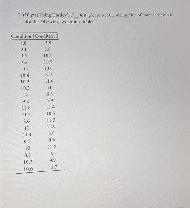 Solved 3. (10 pts) Using Hartley's Fmax test, please test | Chegg.com