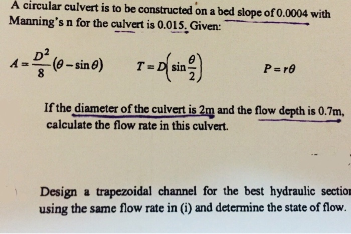 Solved A circular culvert is to be constructed on a bed | Chegg.com