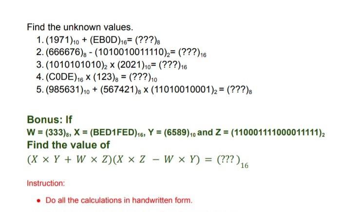Solved Find the unknown values. 1.(1971)10 + (EBOD)16= | Chegg.com