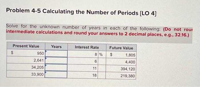 Solved Problem 4-5 Calculating the Number of Periods [LO 4) | Chegg.com