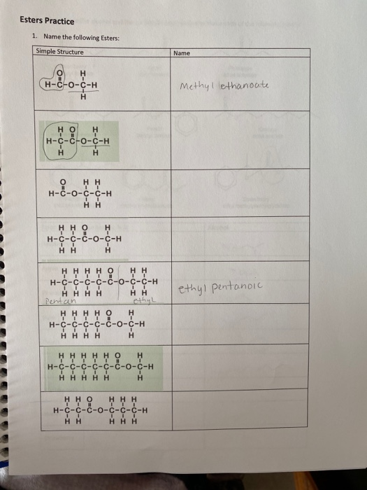Solved Esters Practice 1. Name the following Esters: Simple | Chegg.com