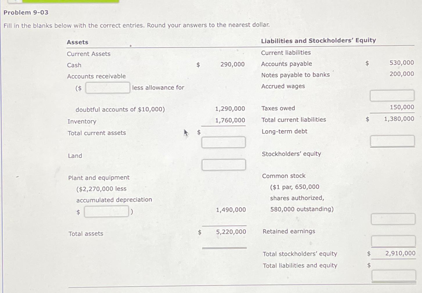 Solved Problem 9-03Fill in the blanks below with the correct | Chegg.com