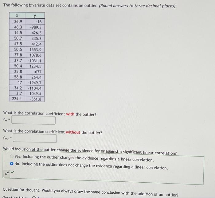 Solved The following bivariate data set contains an outlier. | Chegg.com