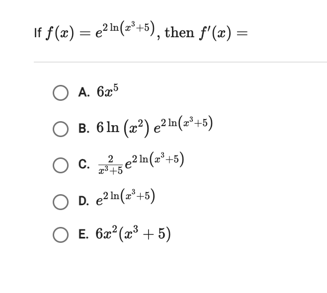 Solved If f(x)=e2ln(x3+5), ﻿then | Chegg.com