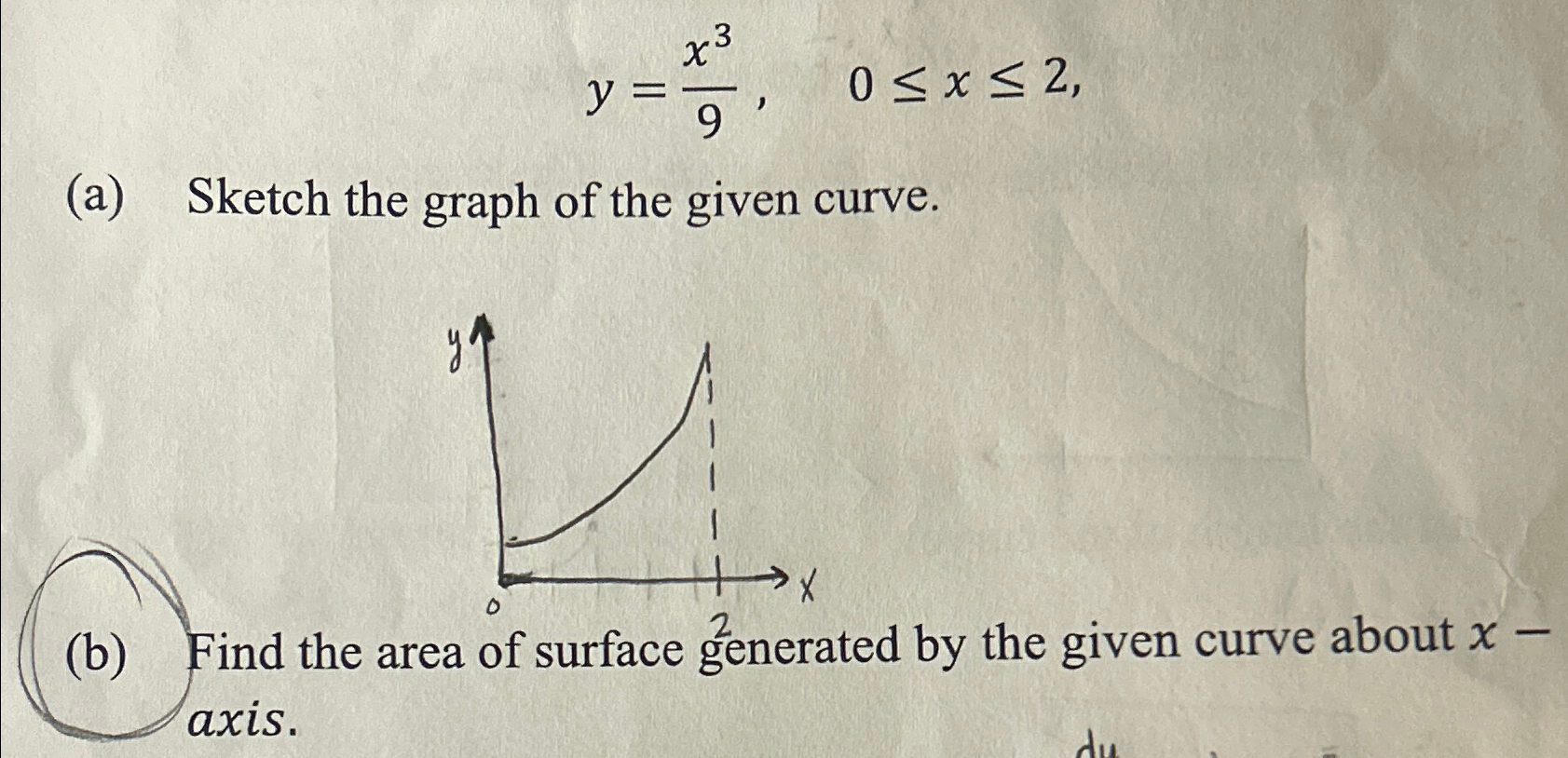 Solved y=x39,0≤x≤2(a) ﻿Sketch the graph of the given | Chegg.com