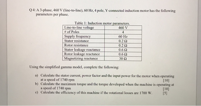 Solved Q4: A 3-phase, 460 V (line-to-line), 60 Hz, 4 pole, | Chegg.com