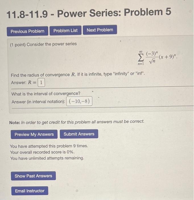 Solved 11.8-11.9 - Power Series: Problem 5 (1 point) | Chegg.com