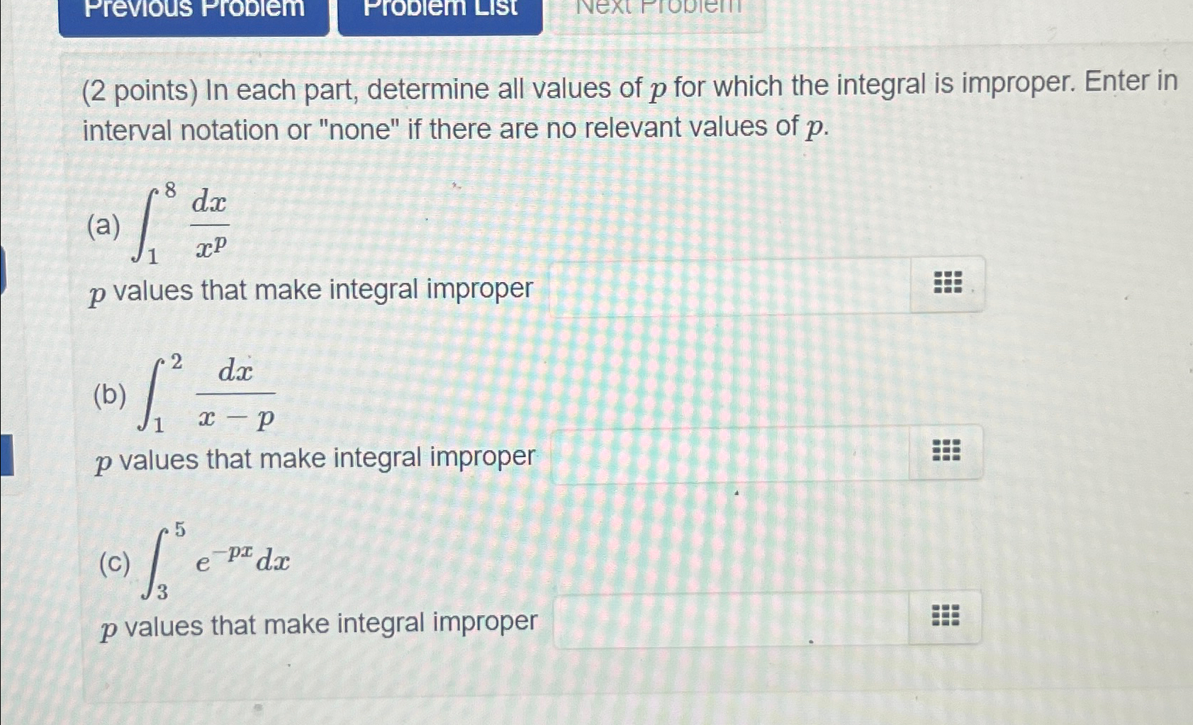 Solved (2 ﻿points) ﻿In each part, determine all values of p | Chegg.com