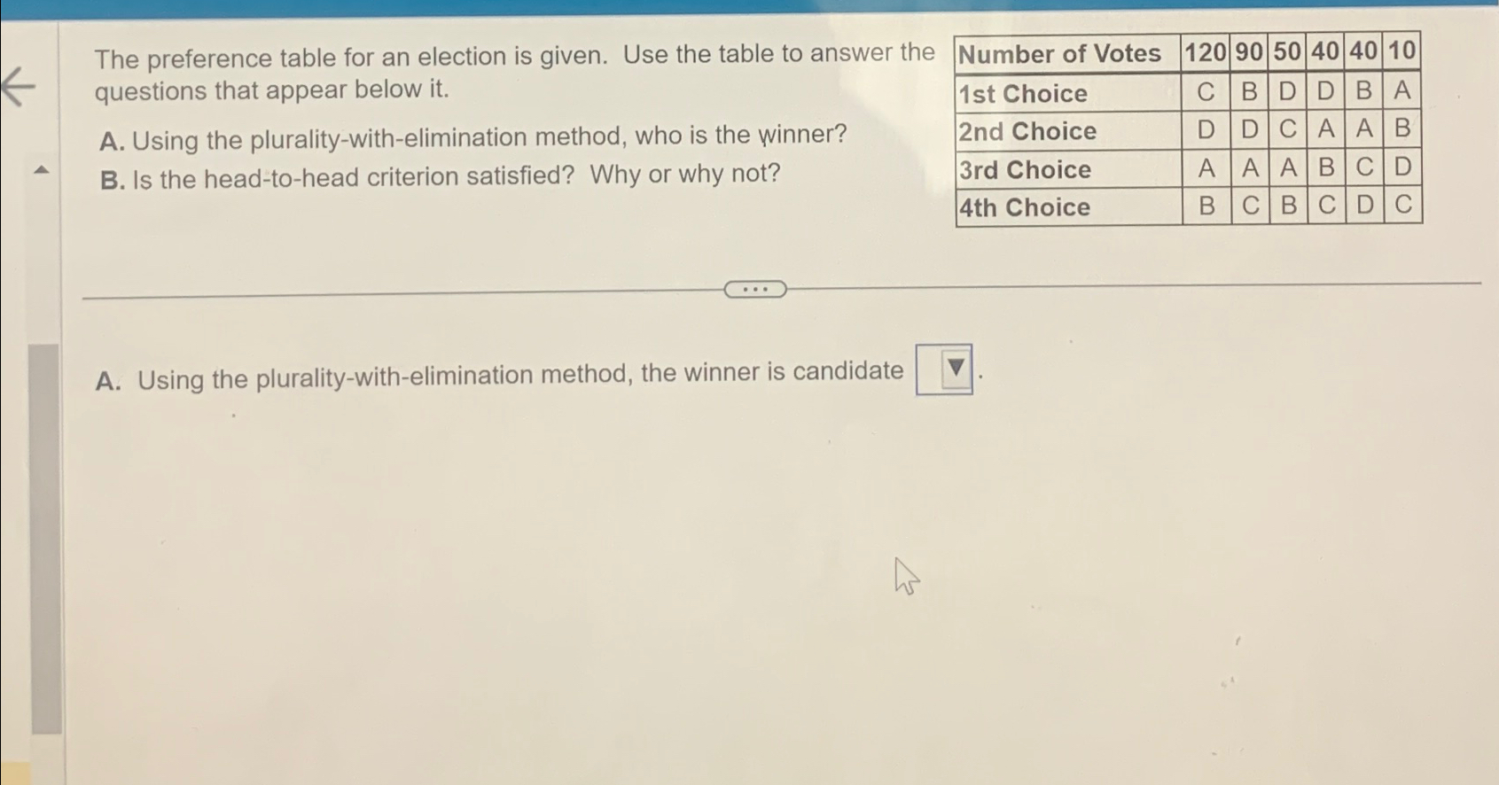 Solved The preference table for an election is given. Use | Chegg.com