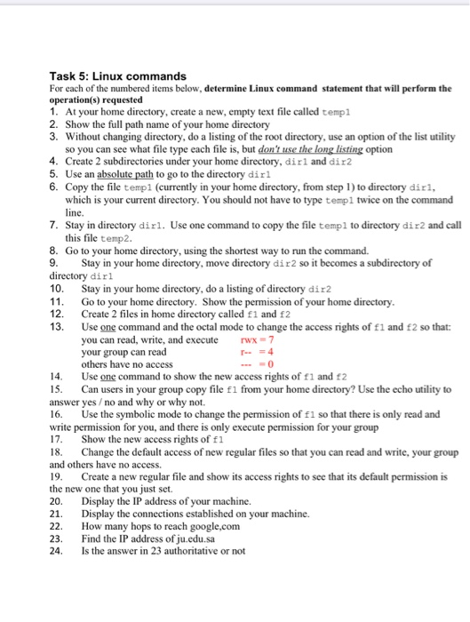 Solved 11. Task 5: Linux commands For each of the numbered | Chegg.com