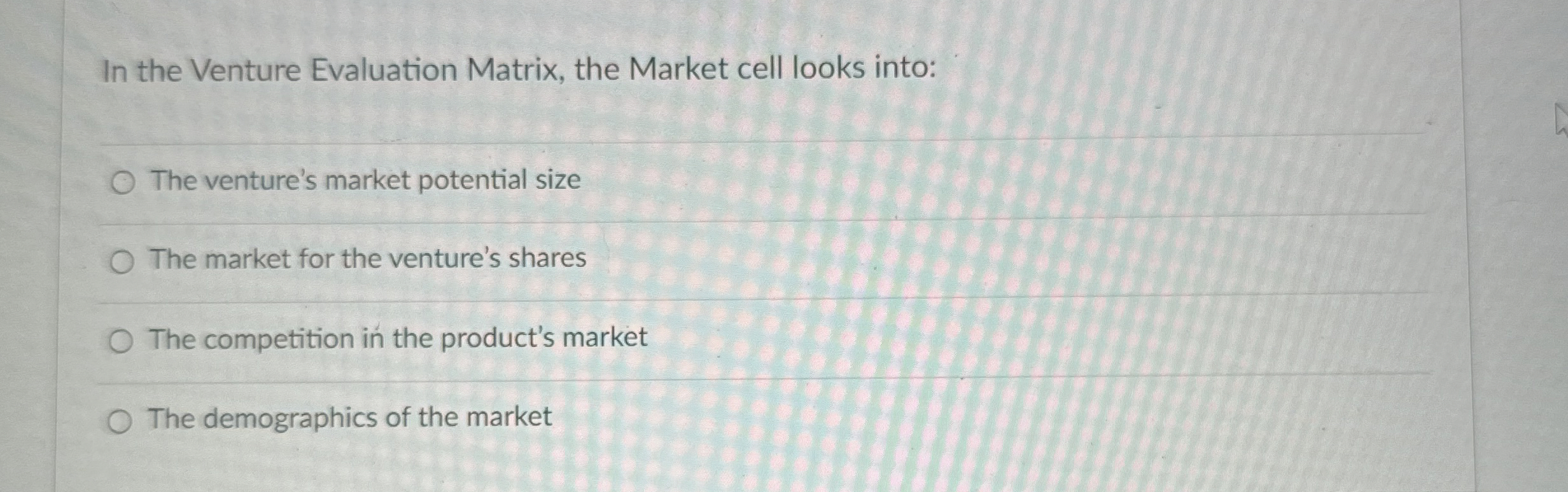 Solved In the Venture Evaluation Matrix, the Market cell | Chegg.com