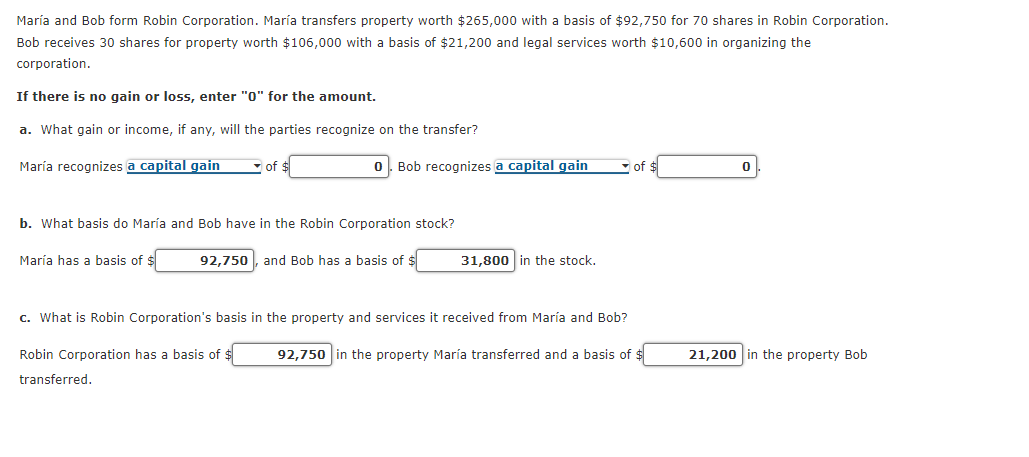 Solved María and Bob form Robin Corporation. María transfers | Chegg.com