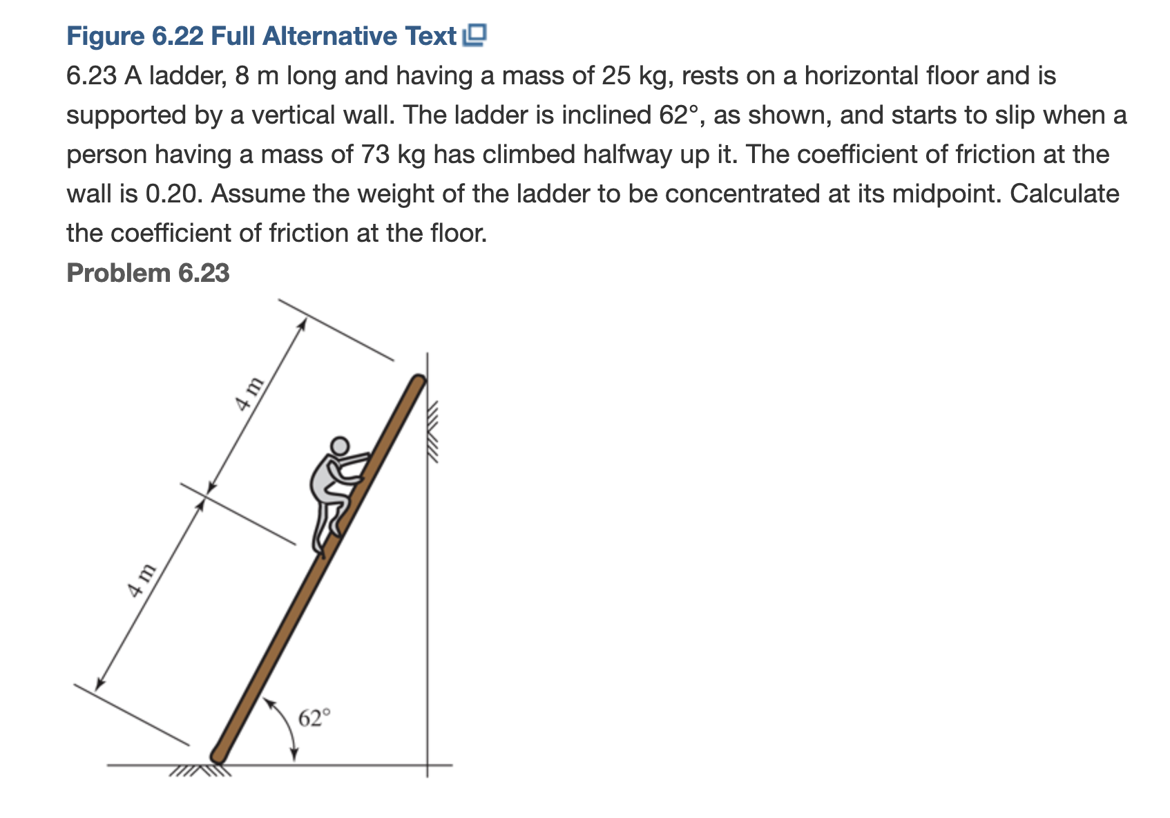 Solved 6.23 ﻿A ladder, 8m ﻿long and having a mass of 25kg, | Chegg.com