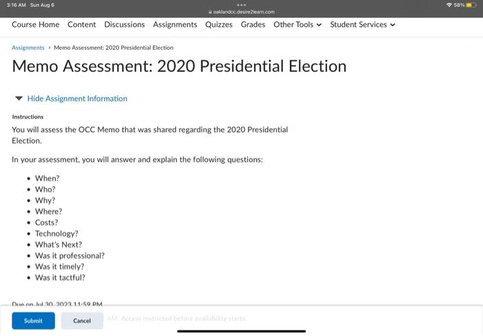 Memo Assessment: 2020 Presidential Election Memo | Chegg.com