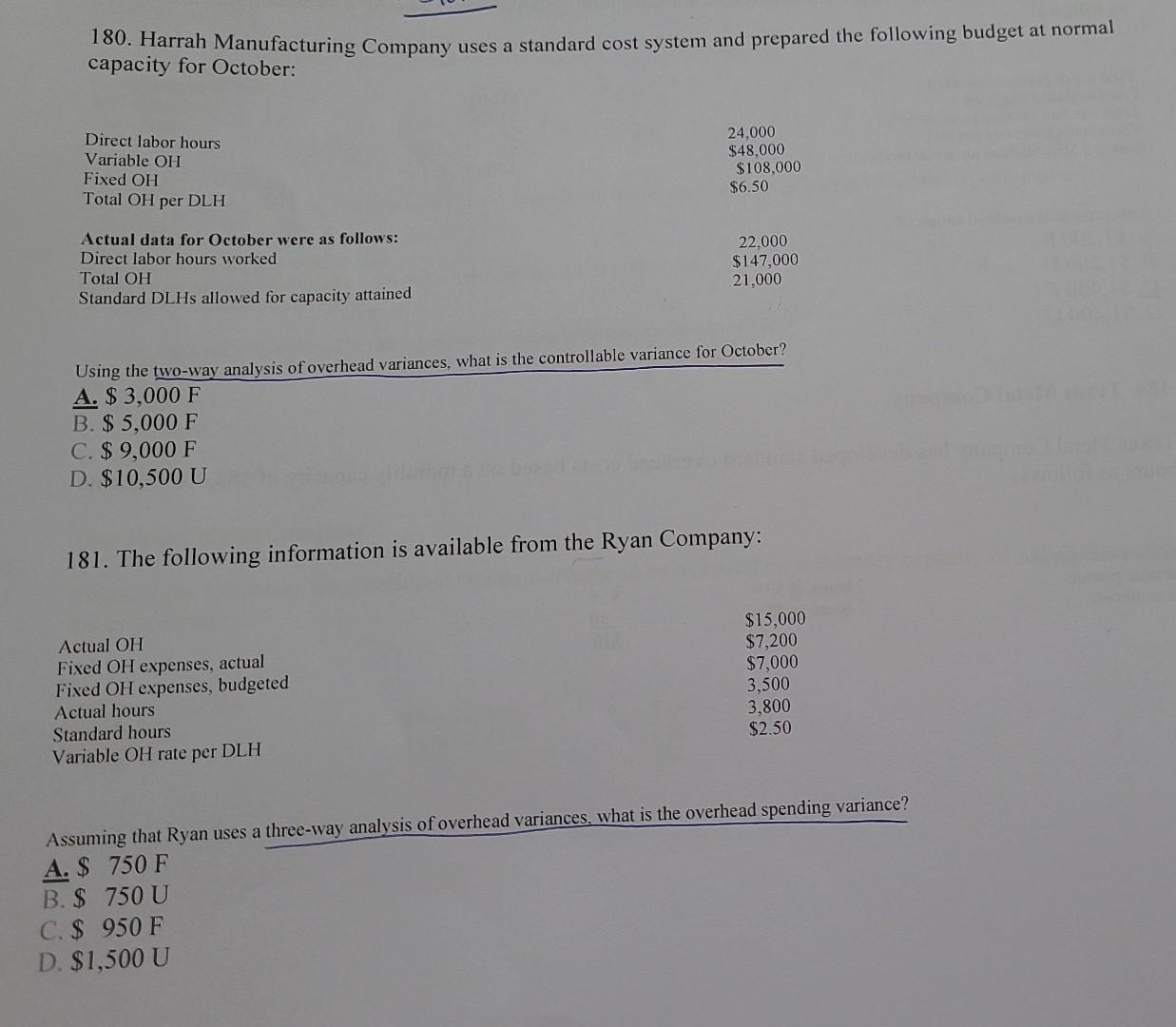 Solved 180. Harrah Manufacturing Company uses a standard | Chegg.com