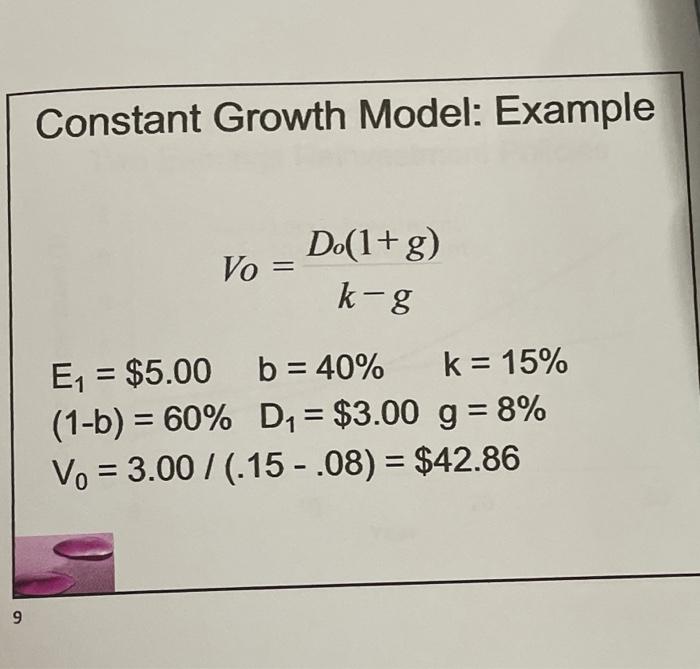 Solved Constant Growth Model: Example Do(1+g) Vo = k-g E1 = | Chegg.com