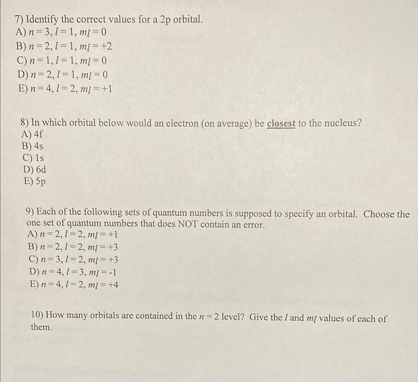 Identify the correct values for a 2p | Chegg.com