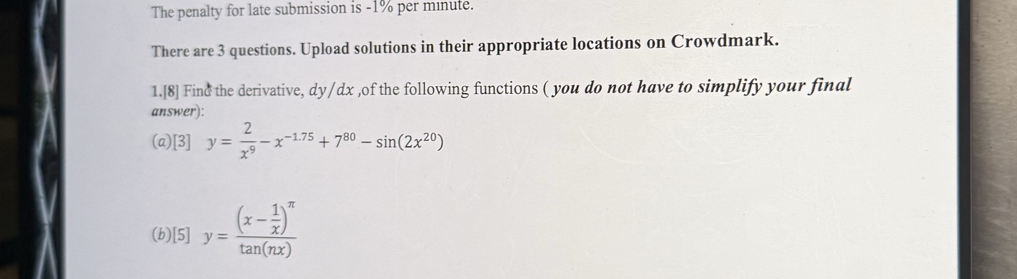 Solved Find the derivative, dy /dx ,of the following | Chegg.com