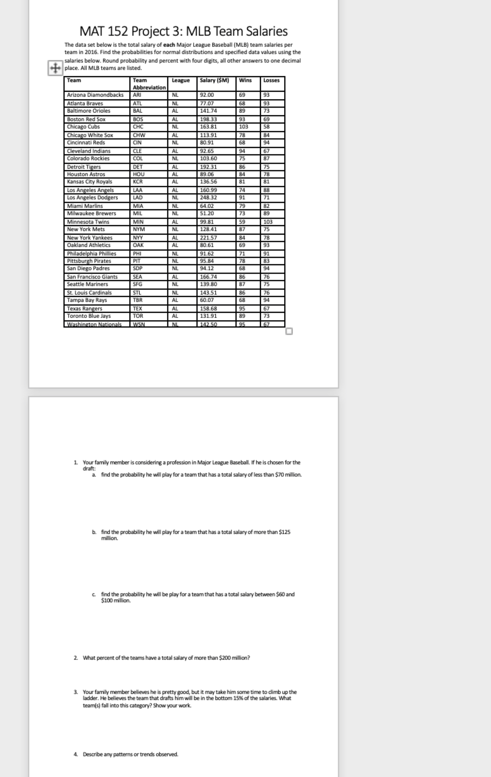 Solved MAT 152 ﻿Project 3: MLB Team SalariesThe data set | Chegg.com