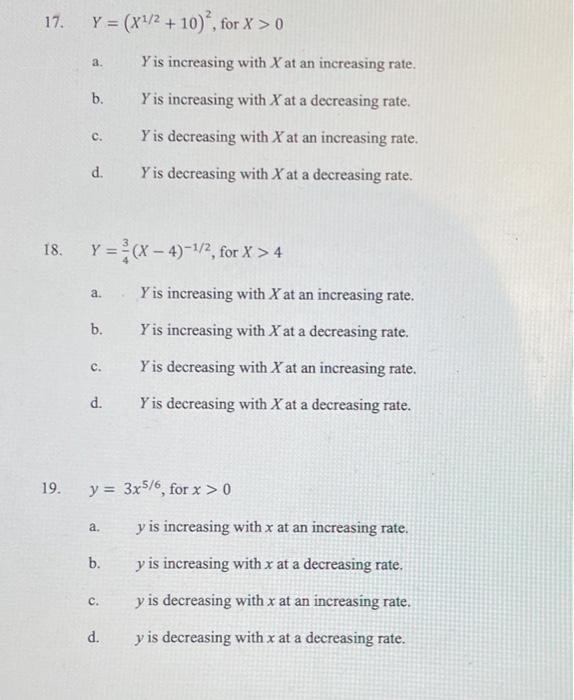 Solved 17. Y=(X1/2+10)2, for X>0 a. Y is increasing with X | Chegg.com