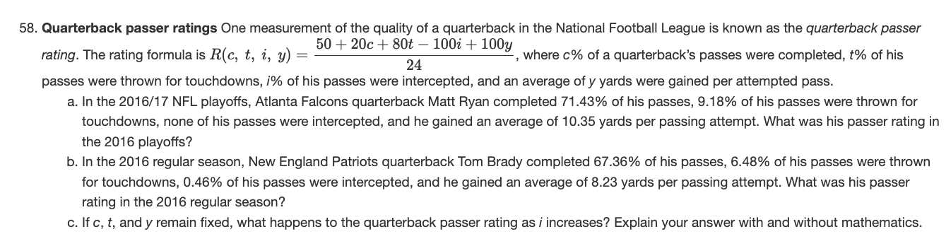 Solved Quarterback passer ratings One measurement of the | Chegg.com