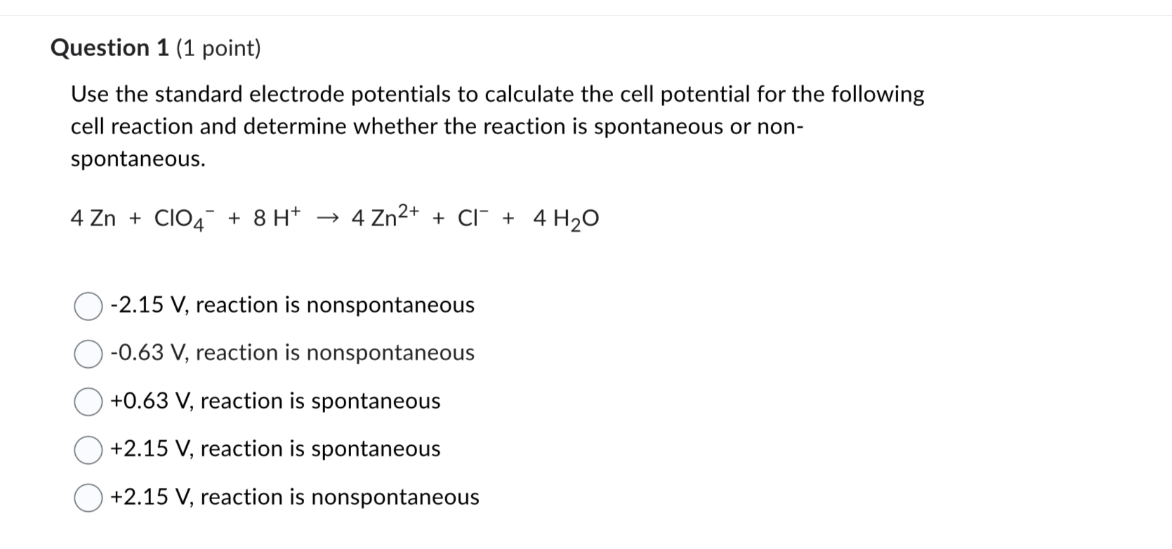 Solved Question 1 (1 ﻿point)Use the standard electrode | Chegg.com