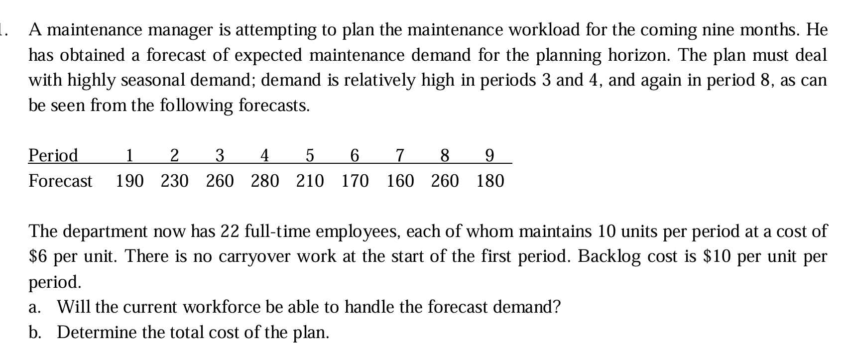 Solved A maintenance manager is attempting to plan the | Chegg.com
