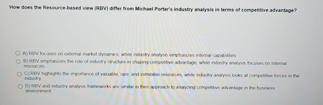 Solved How does the Resource-based view (RBV) ﻿differ from | Chegg.com