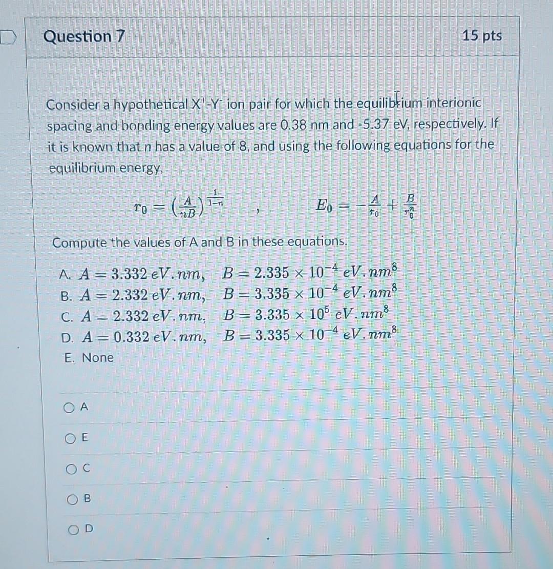 Solved Consider a hypothetical X+−Y−ion pair for which the | Chegg.com