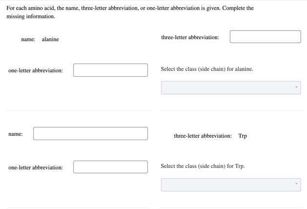 Solved For Each Amino Acid The Name Three Letter