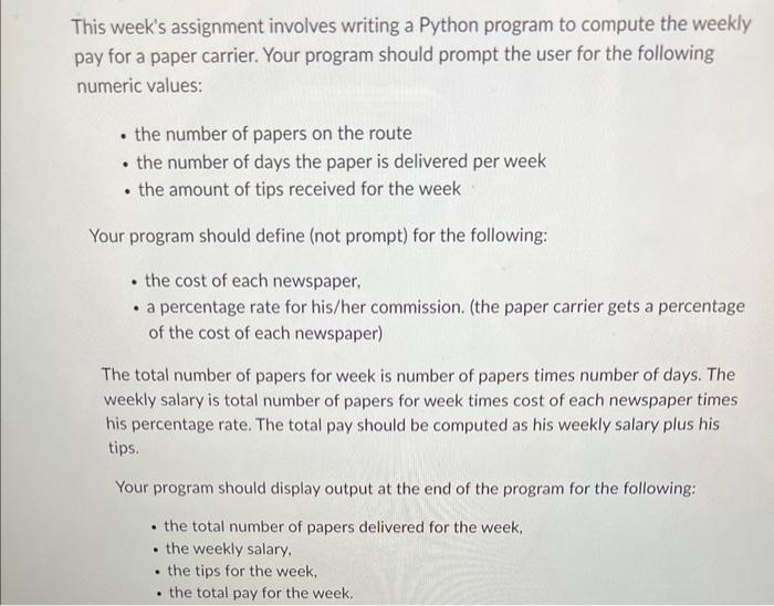 Solved This week's assignment involves writing a Python | Chegg.com