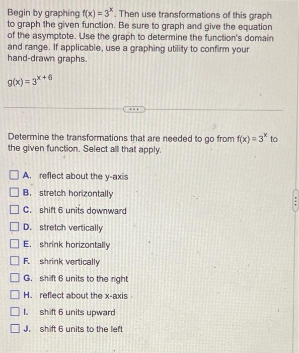 Solved Begin by graphing f(x)=3x. Then use transformations | Chegg.com