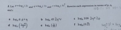 Solved Let p=logb(2) ﻿and q=logb(3) ﻿and r=logb(5)9. | Chegg.com